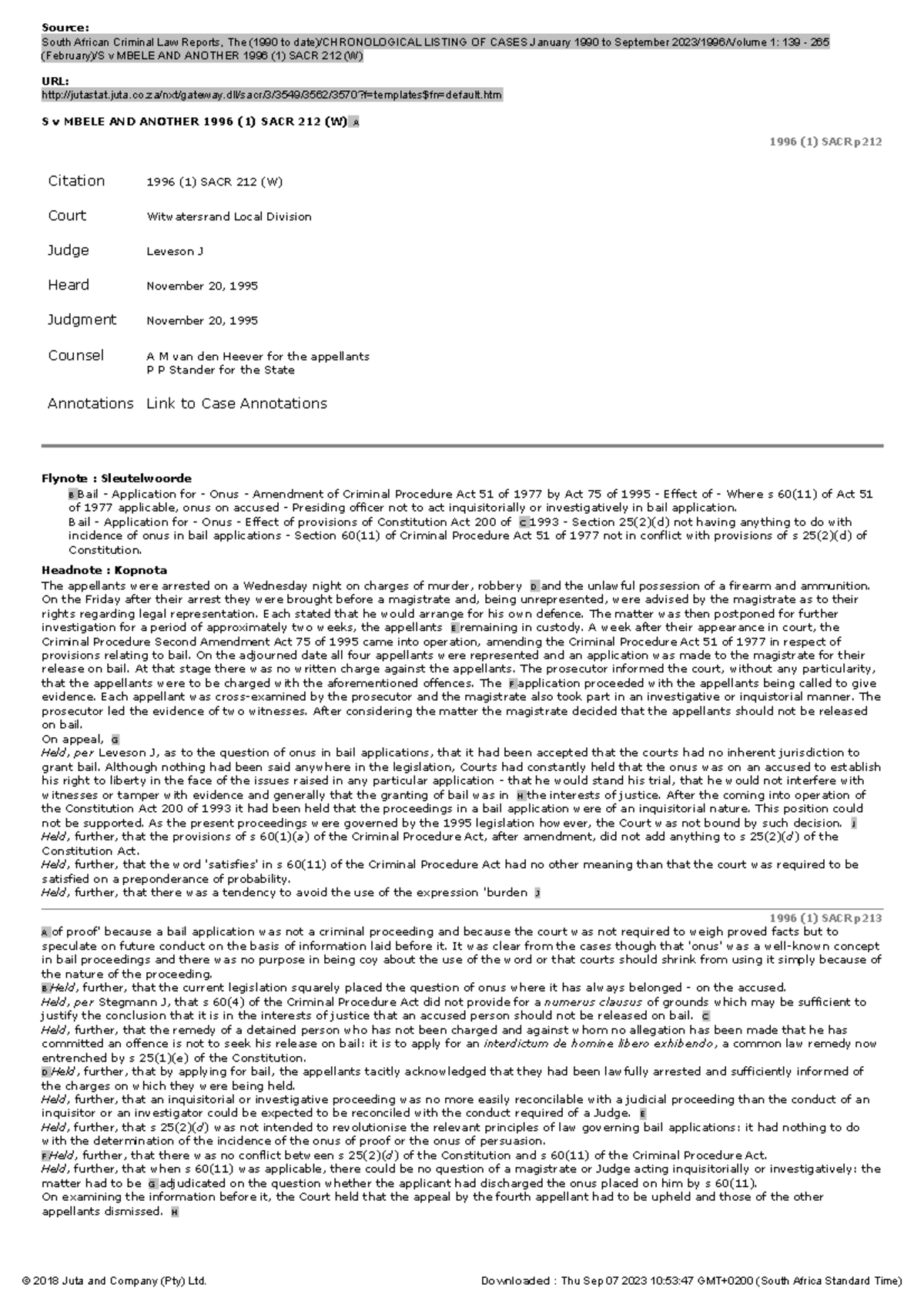 S v Mbele & Another: Appeal on Bail Refusal - 1996 (1) SACR 212 (W ...