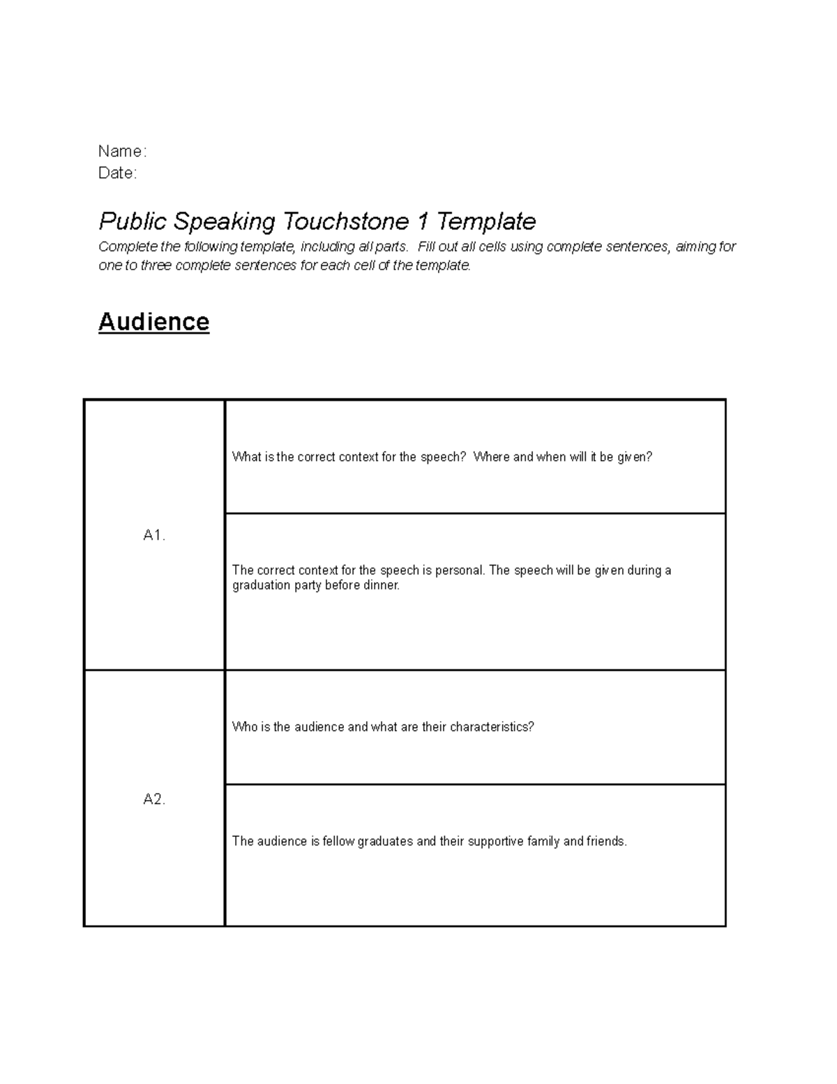 Public Speaking Touchstone - Name: Date: Public Speaking Touchstone 1 ...