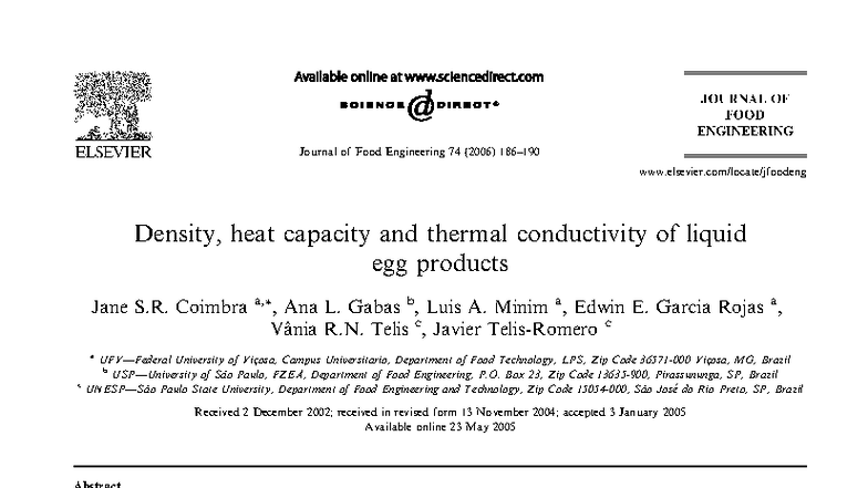Density, Heat Capacity & Thermal Conductivity of Liquid Egg Products ...