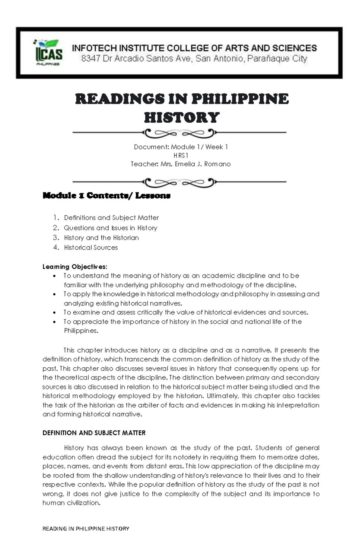 Module 1 Readings in Philipine History - READINGS IN PHILIPPINE HISTORY Document: Module 1 ...