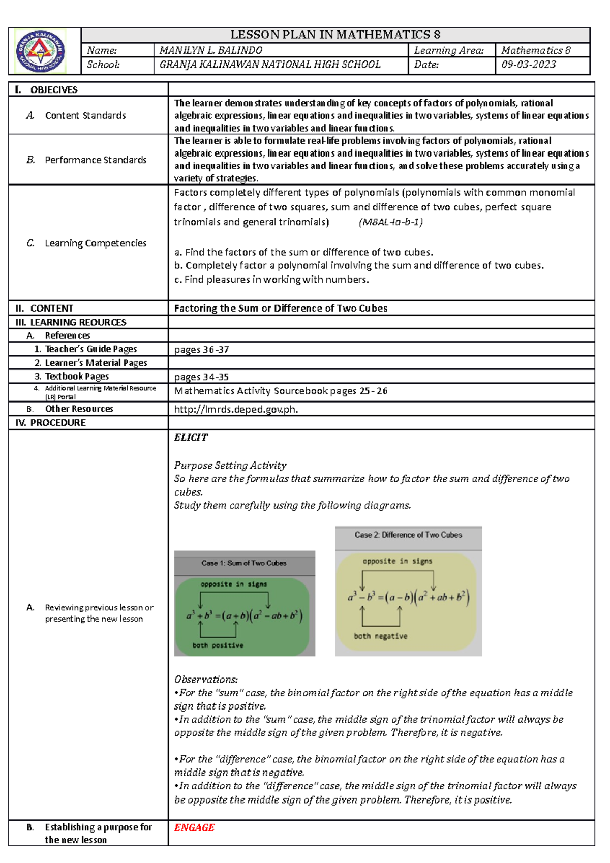 Factoring Polynomial 3 - LESSON PLAN IN MATHEMATICS 8 Name: MANILYN L ...