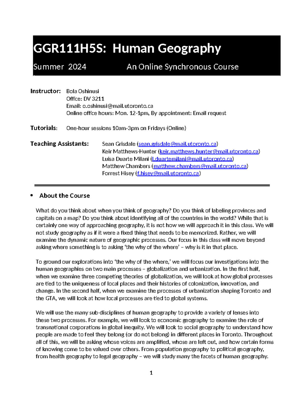 GGR111H5S Syllabus: Human Geography Summer 2024 Course Details - Studocu