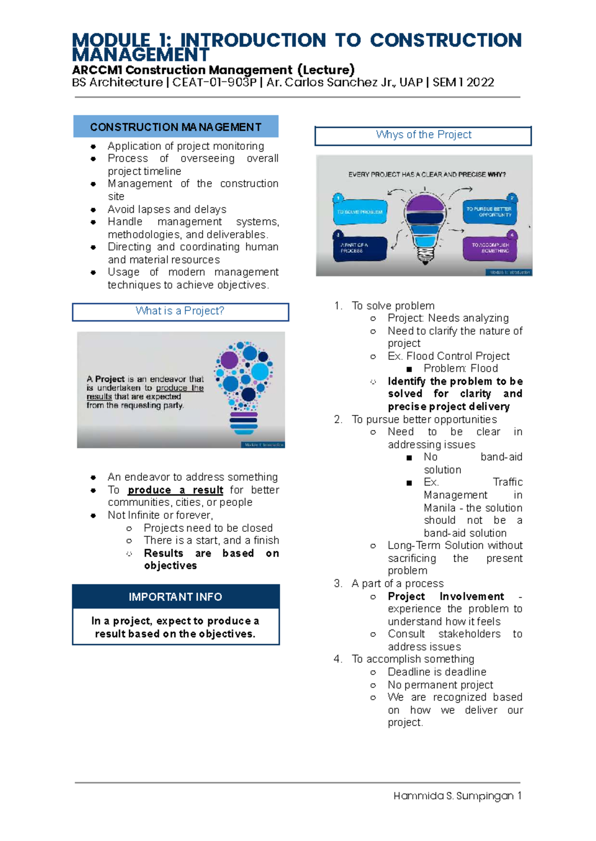 MODULE 1: INTRODUCTION TO CONSTRUCTION MANAGEMENT ARCCM1 Notes - Studocu