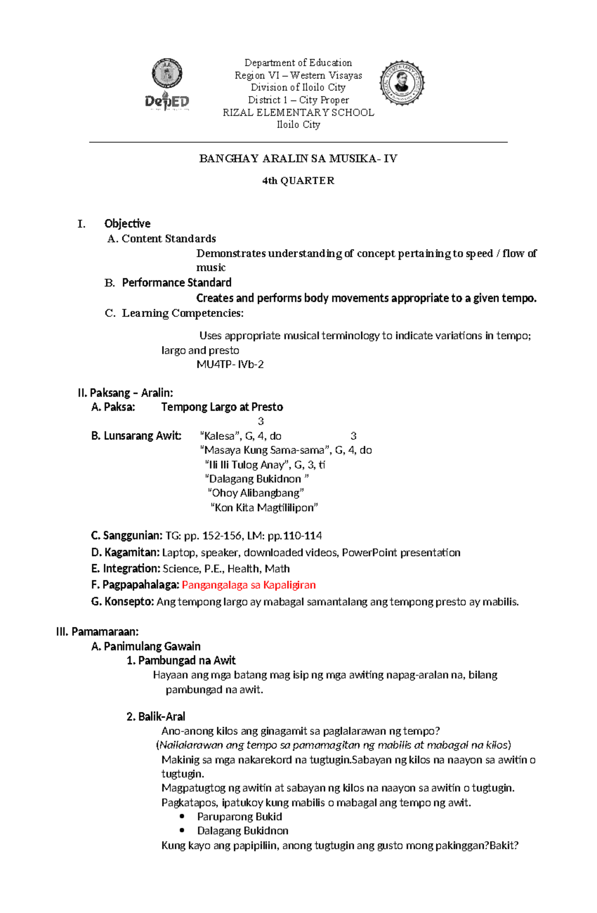 COT Music 4th Quarter: Tempo Variations in Largo and Presto - Studocu