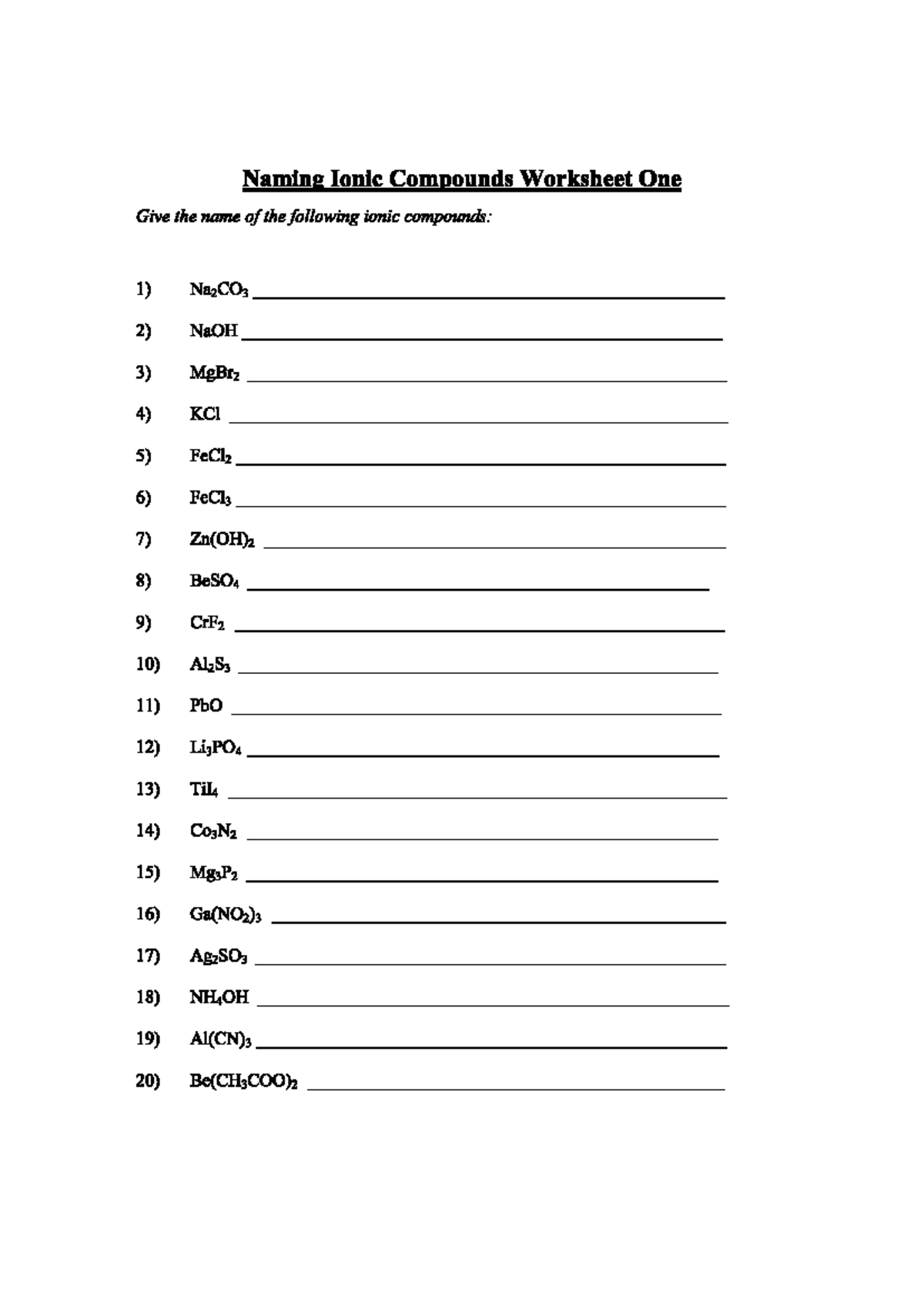 Ionic Compounds Worksheet 1: Naming and Formulas - Studocu