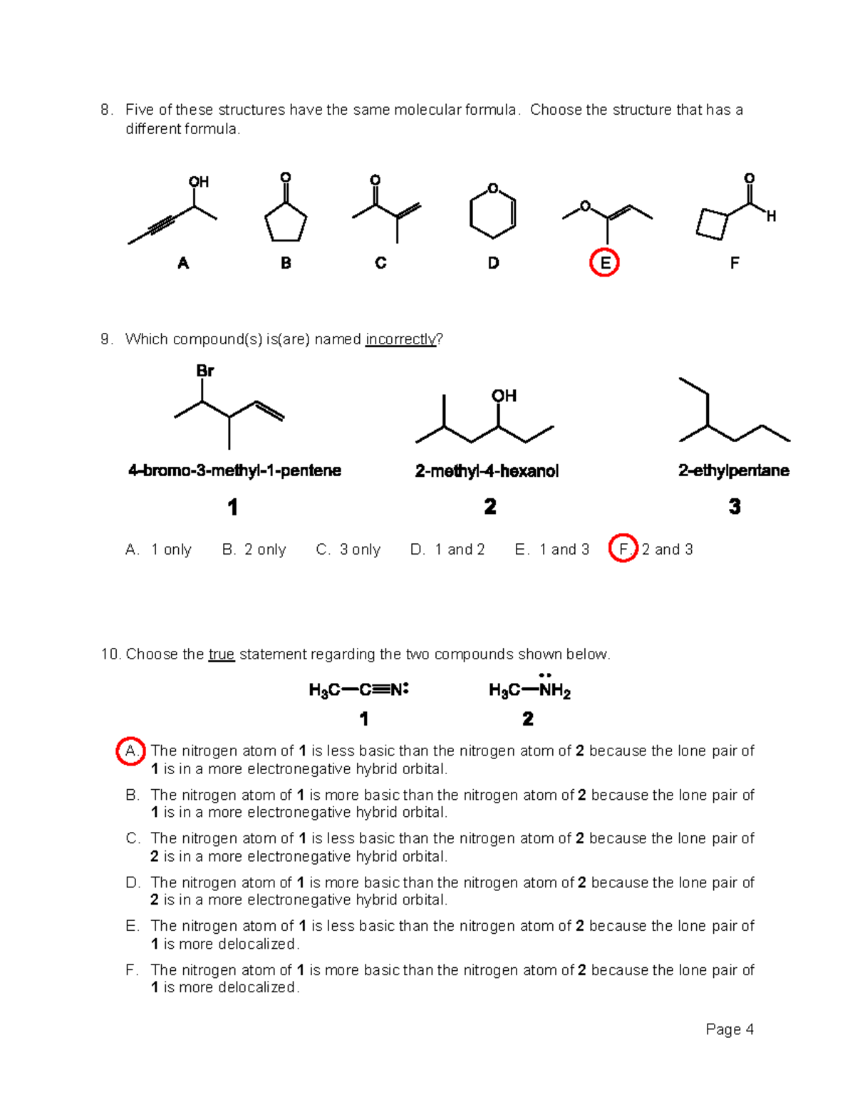 Orgo 1: Practice Exam Questions on Molecular Structures and Basicity ...