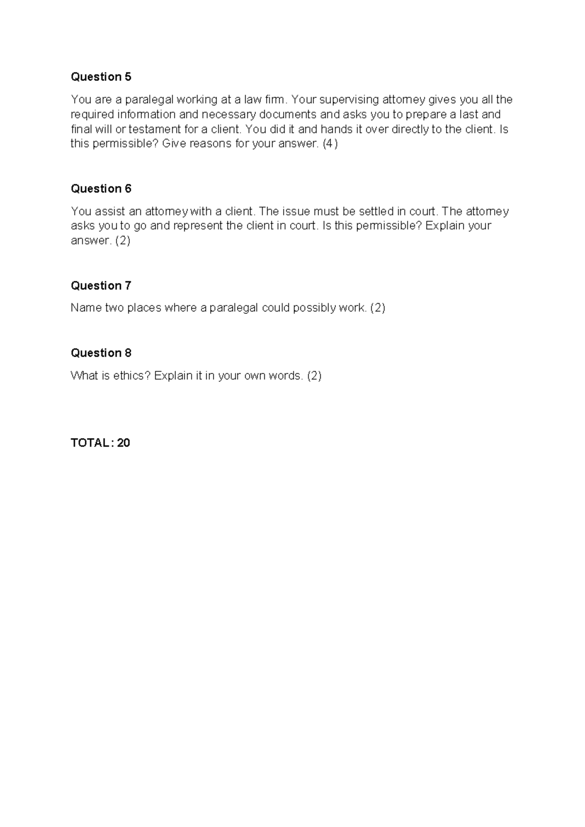 PARA 301 Final Exam: Paralegal Ethics and Responsibilities - Studocu