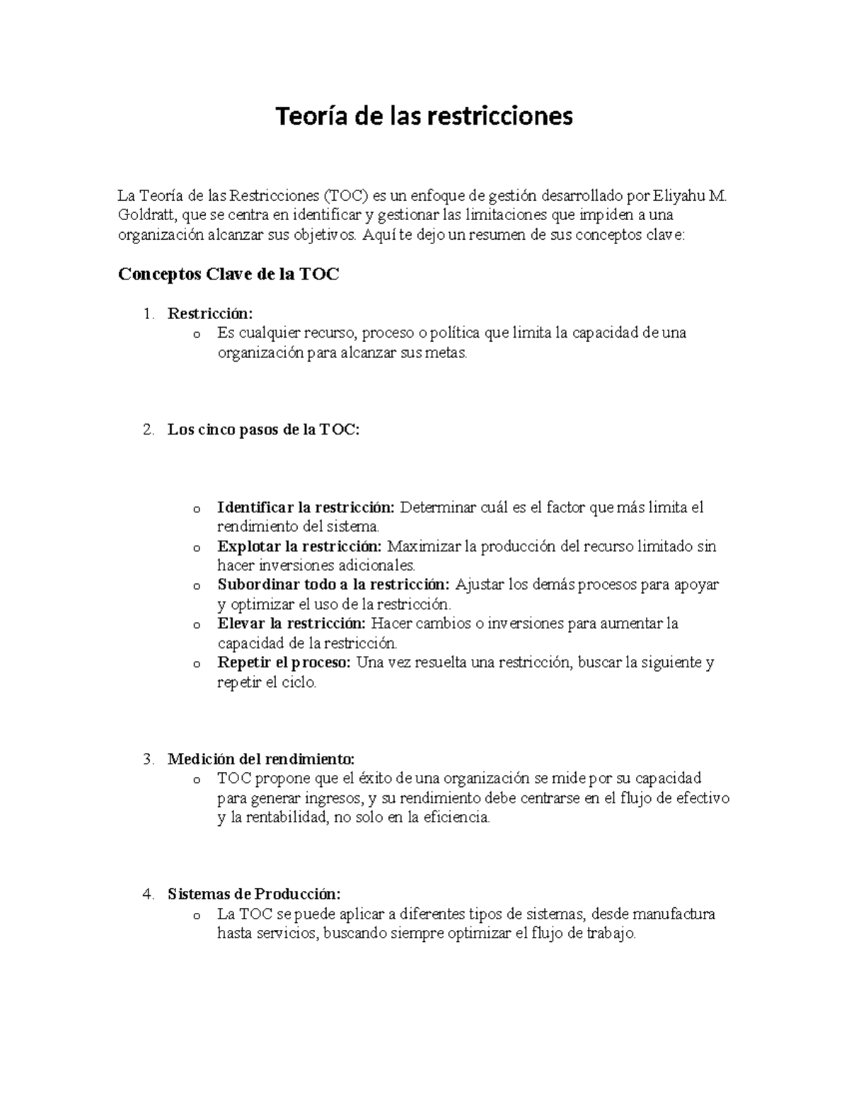 Teoría de las Restricciones (TOC): Conceptos Clave y Aplicaciones - Studocu