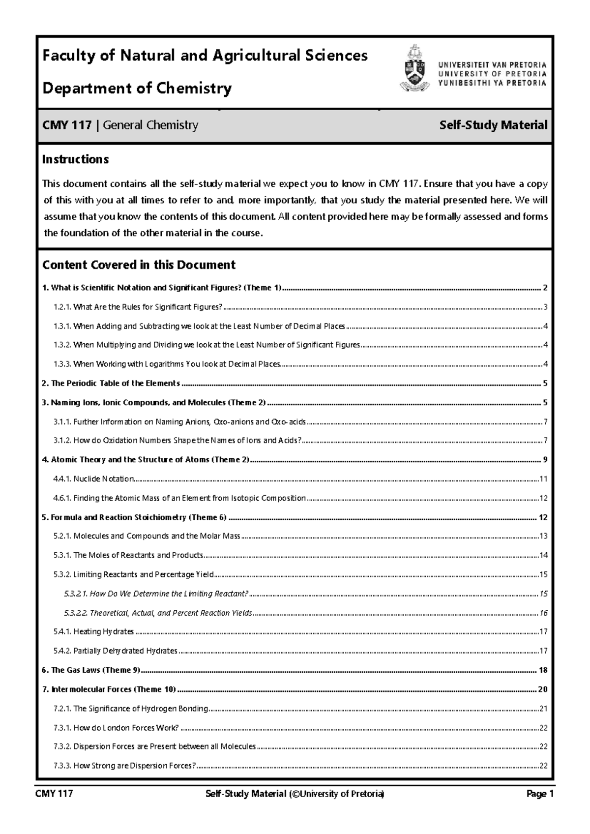 CMY 117 General Chemistry Study Guide and Material Overview - Studocu