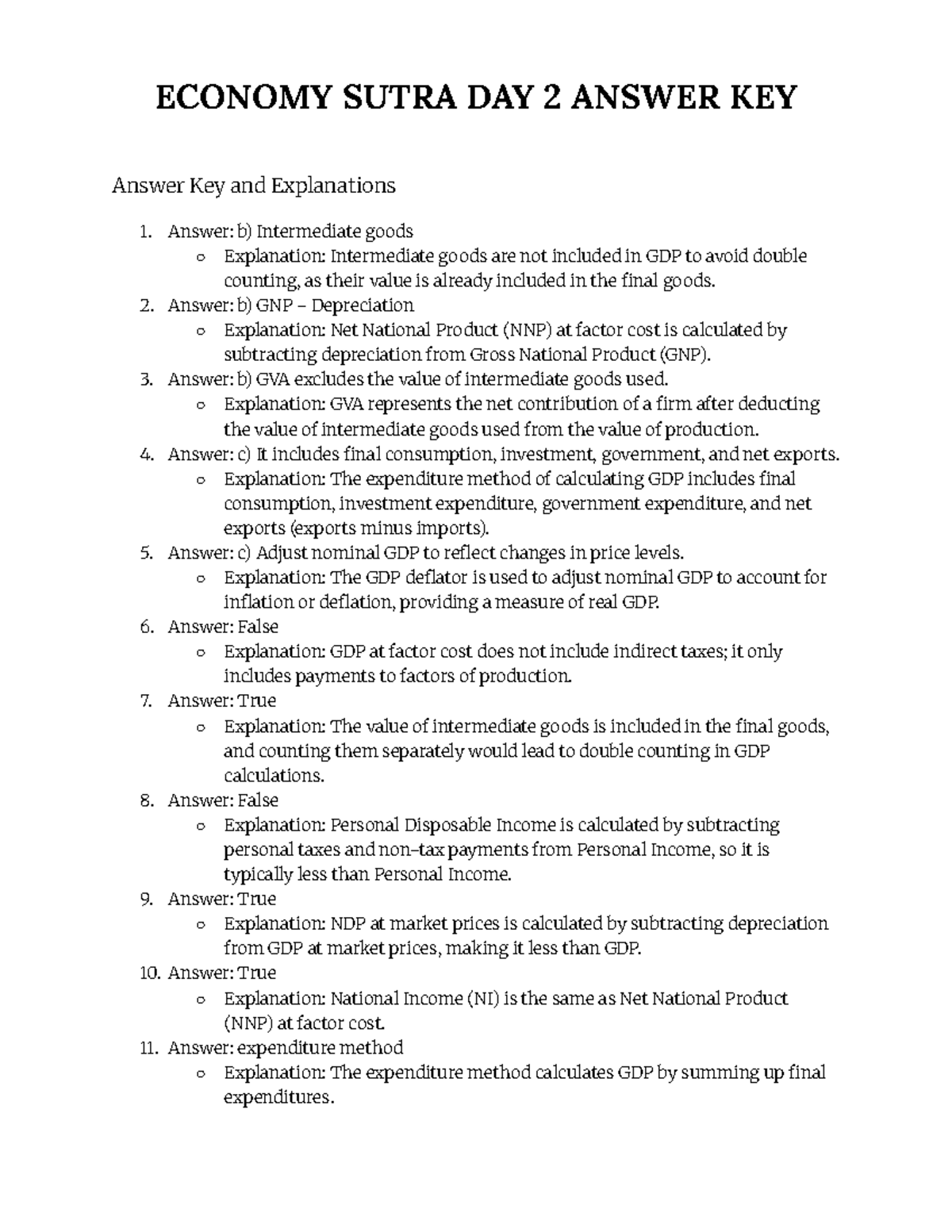 ECON 101: Economy Sutra Day 2 Answer Key & Explanations - Studocu