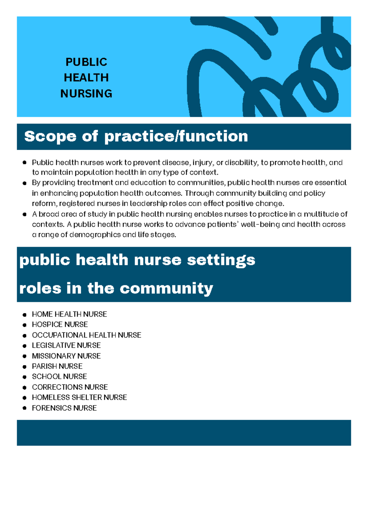 Public Health Nursing: Scope of Practice and Function Overview - Studocu