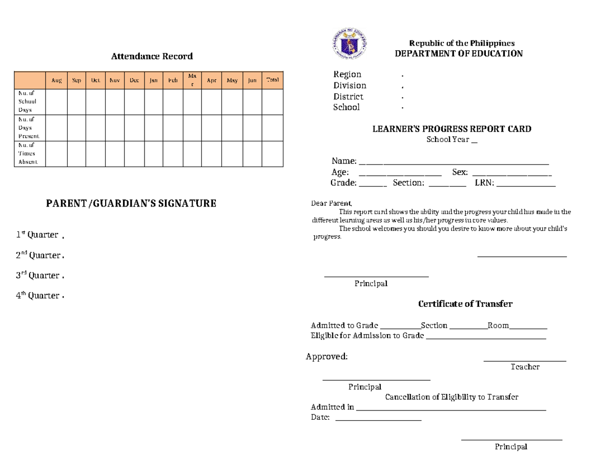 SF9 School Report Card - n/a - Attendance Record Aug Sep Oct Nov Dec ...