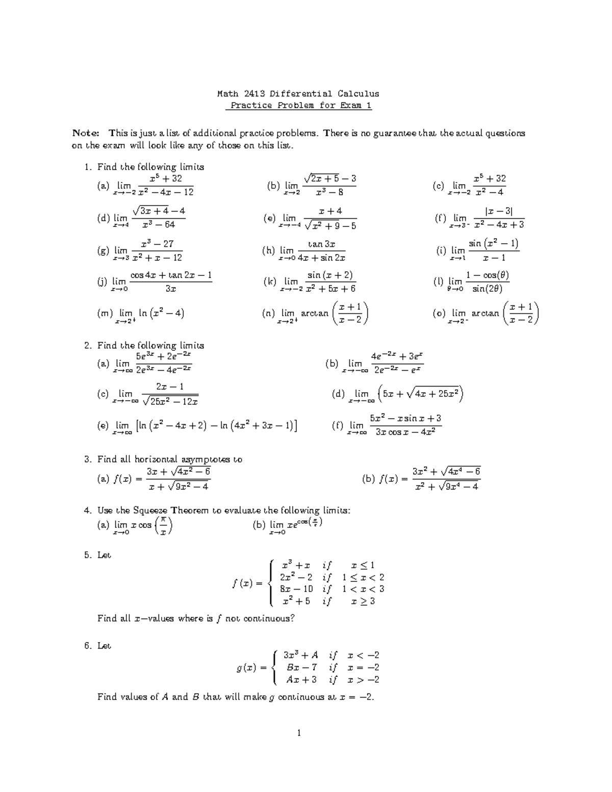 Practice Problems for Math 2413 Differential Calculus - Exam 1 - Studocu