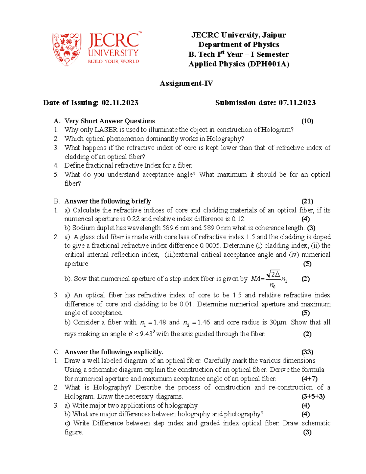 Applied Physics Assignment DPH001A - B. Tech 1st Year - Studocu