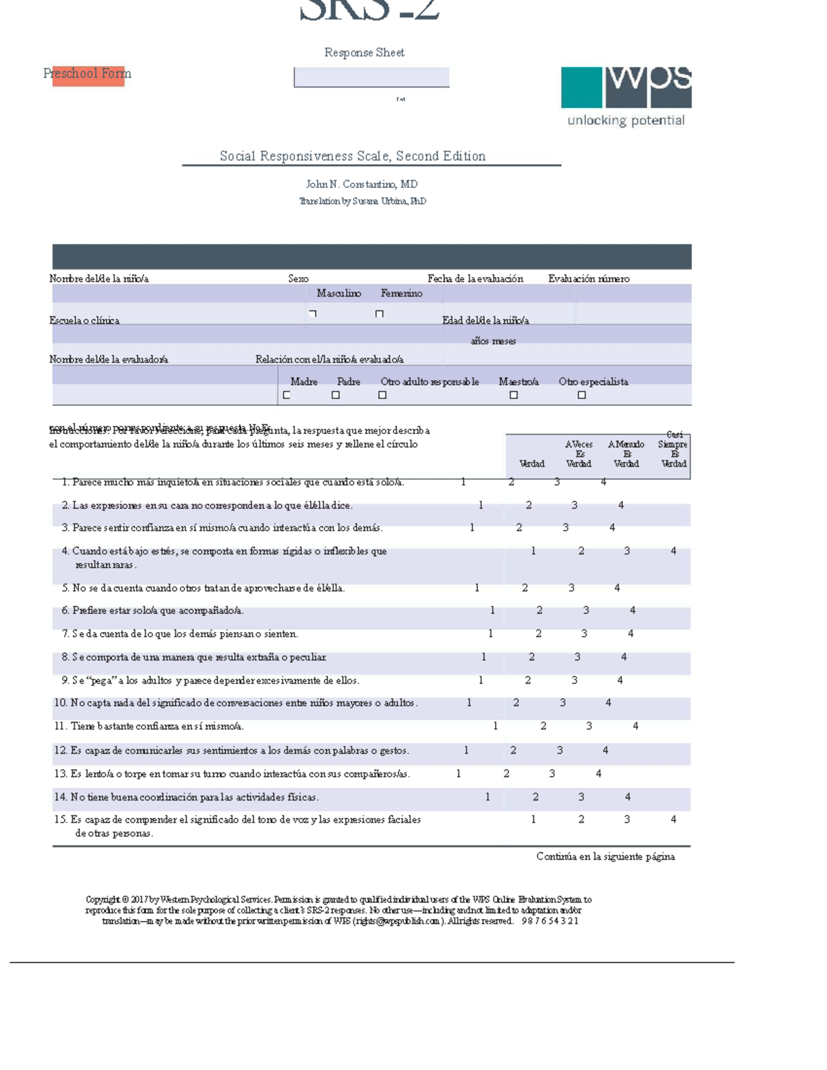 SRS SPANISH Response Sheet for Preschool - Social Responsiveness Scale ...