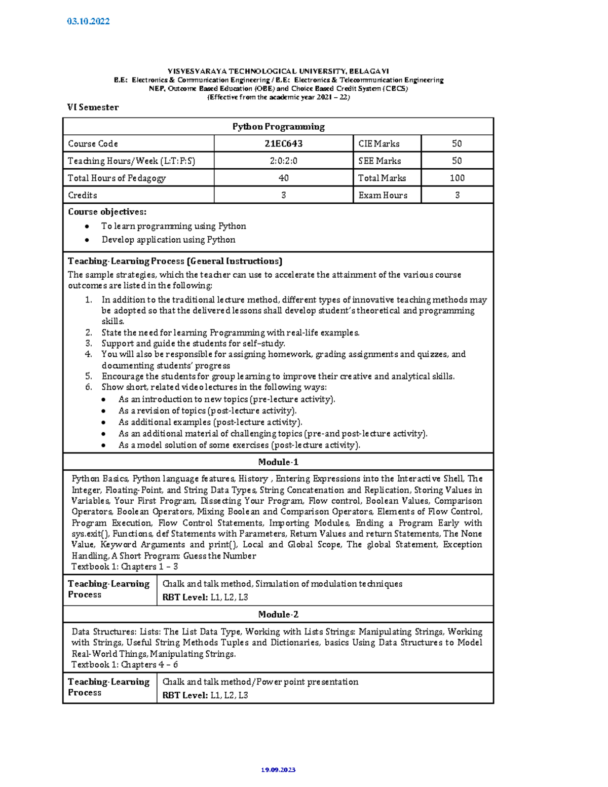 Python Programming Syllabus (21EC643) for VI Semester Engineering - Studocu