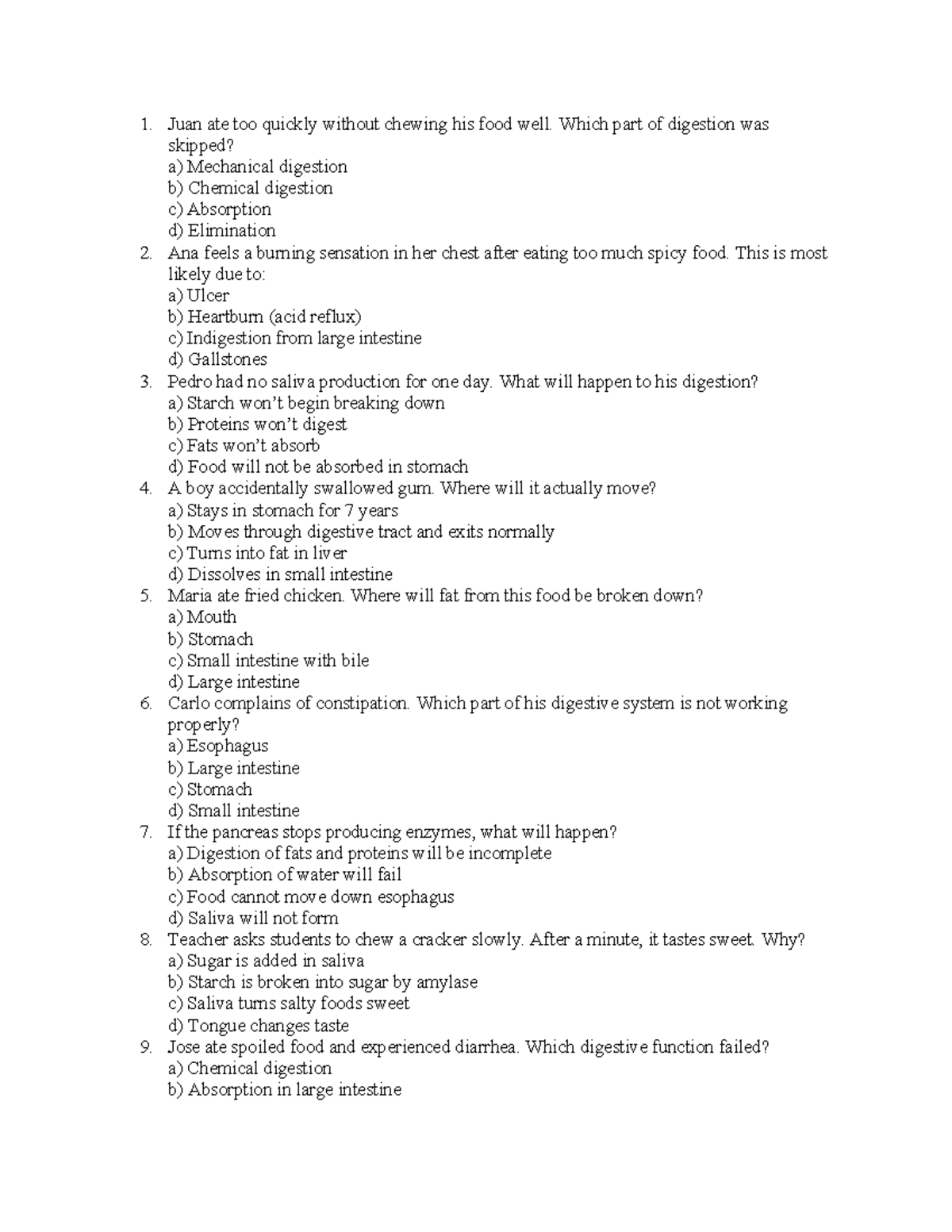 Digestive System Reviewer: Key Concepts and Quiz Questions - Studocu