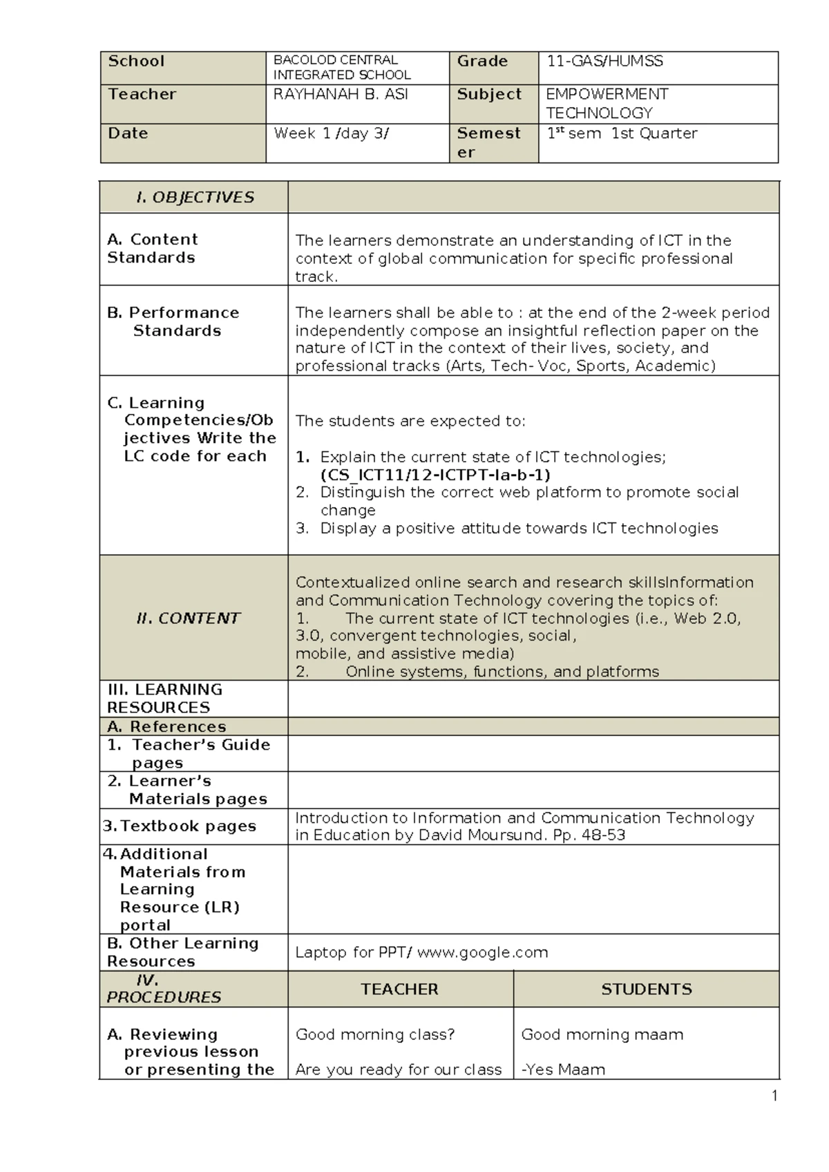 Detailed Lesson Plan: Empowerment Tech - Grade 11-GAS/HUMSS (Week 1 ...