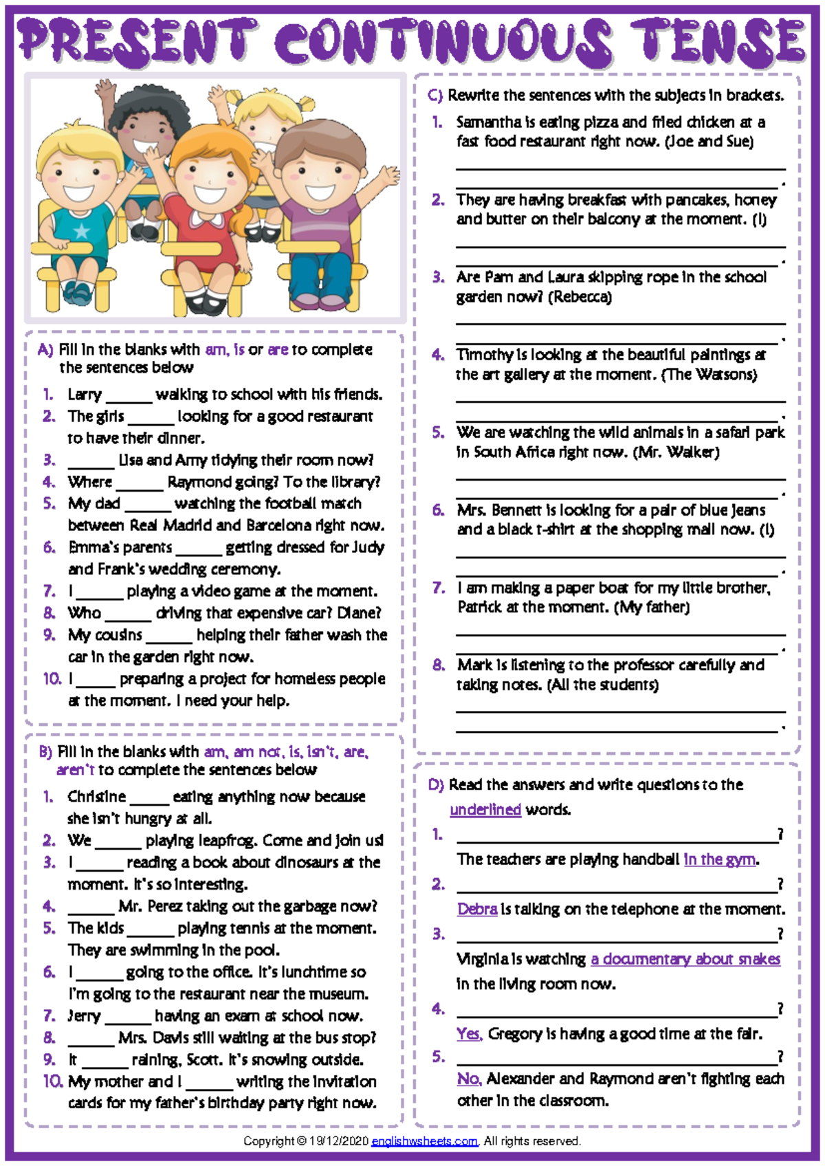 Present continuous tense esl printable grammar test worksheet - B) Fill ...