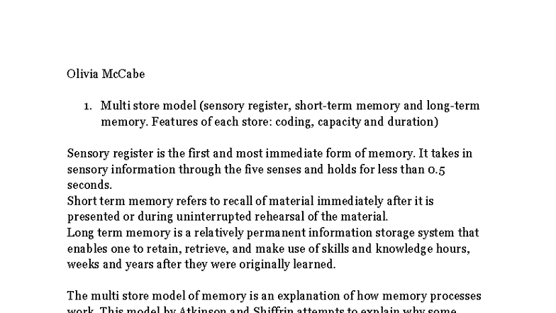 Memory (PSY101) 16 Markers: Multi-Store Model & Working Memory Insights ...
