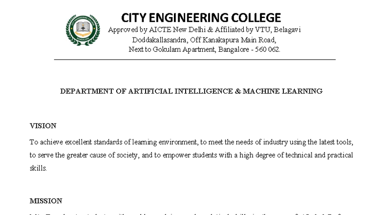 Dept Vision & Mission - AI ML - CITY ENG COLLEGE - Studocu