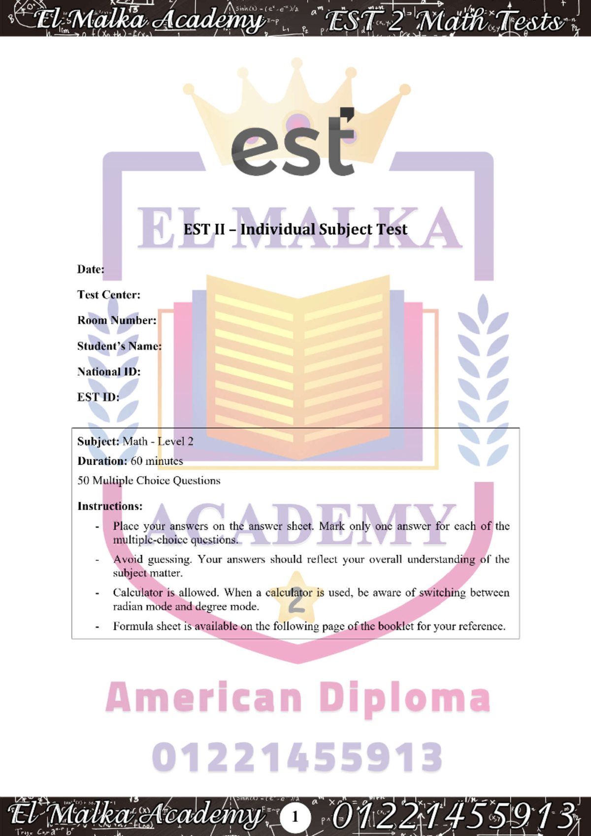 EST 2 Math Level 2 Individual Subject Test - January 2025 - Studocu