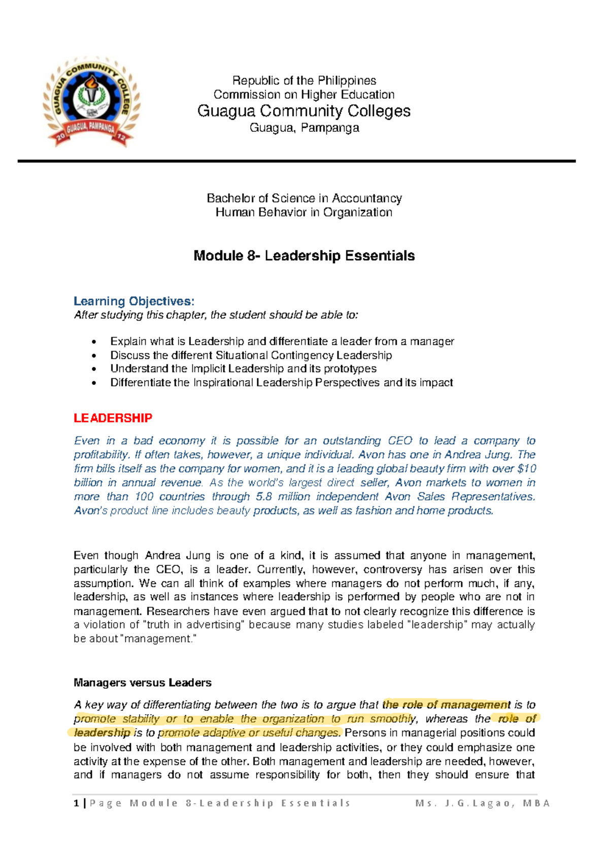 Module 8: Leadership Essentials - Human Behavior in Organization - Studocu