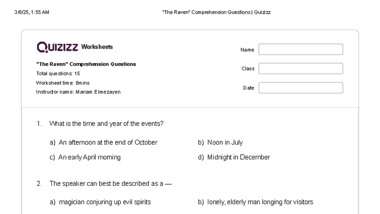 The Raven Comprehension Questions Quizizz (ENG 101) - Studocu