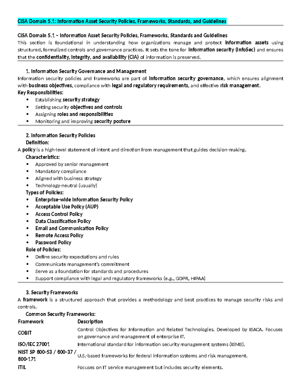 CISA Domain 5: Information Asset Security Policies & Frameworks Notes ...