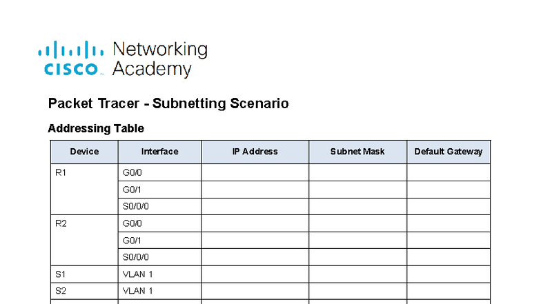 11.7.5 Packet Tracer - Subnetting Scenario Addressing Guide - Studocu
