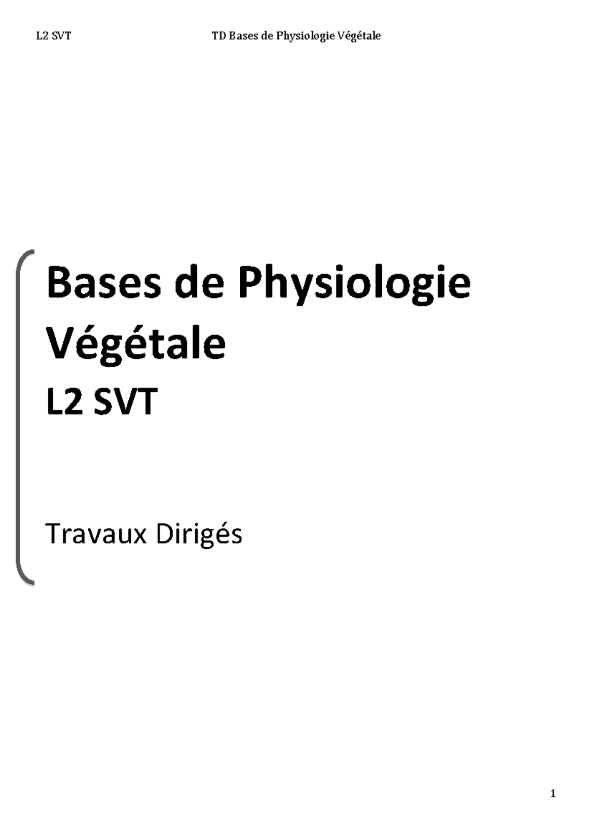 L2 SVT TD Bases de Physiologie Végétale - Fascicule d'Exercices et ...