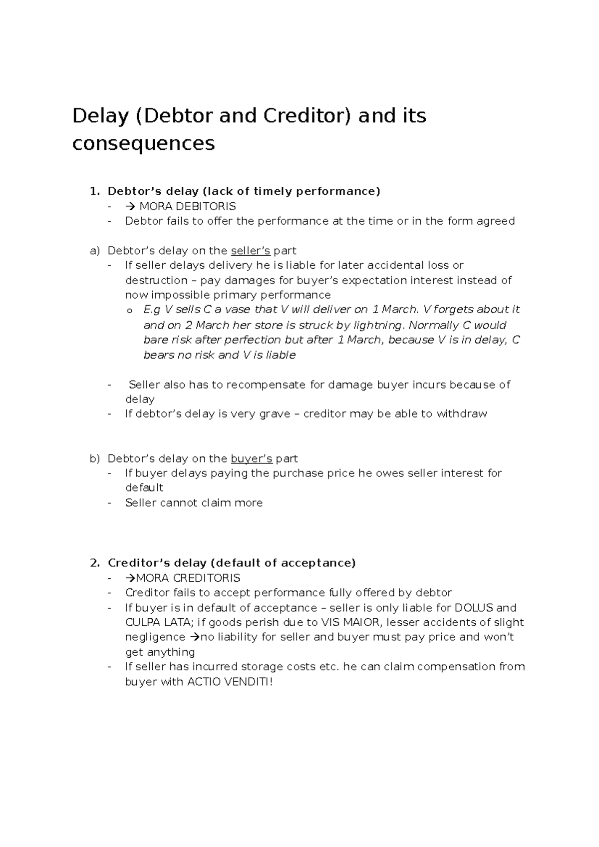 Overview of Debtor and Creditor Delay (MORA DEBITORIS) - Studocu
