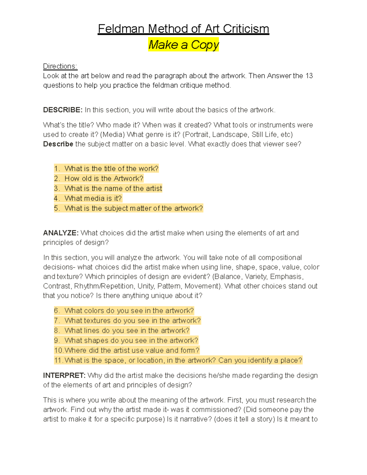 Art Criticism Practice: Feldman Method Answer Key (Answer Key) - Studocu