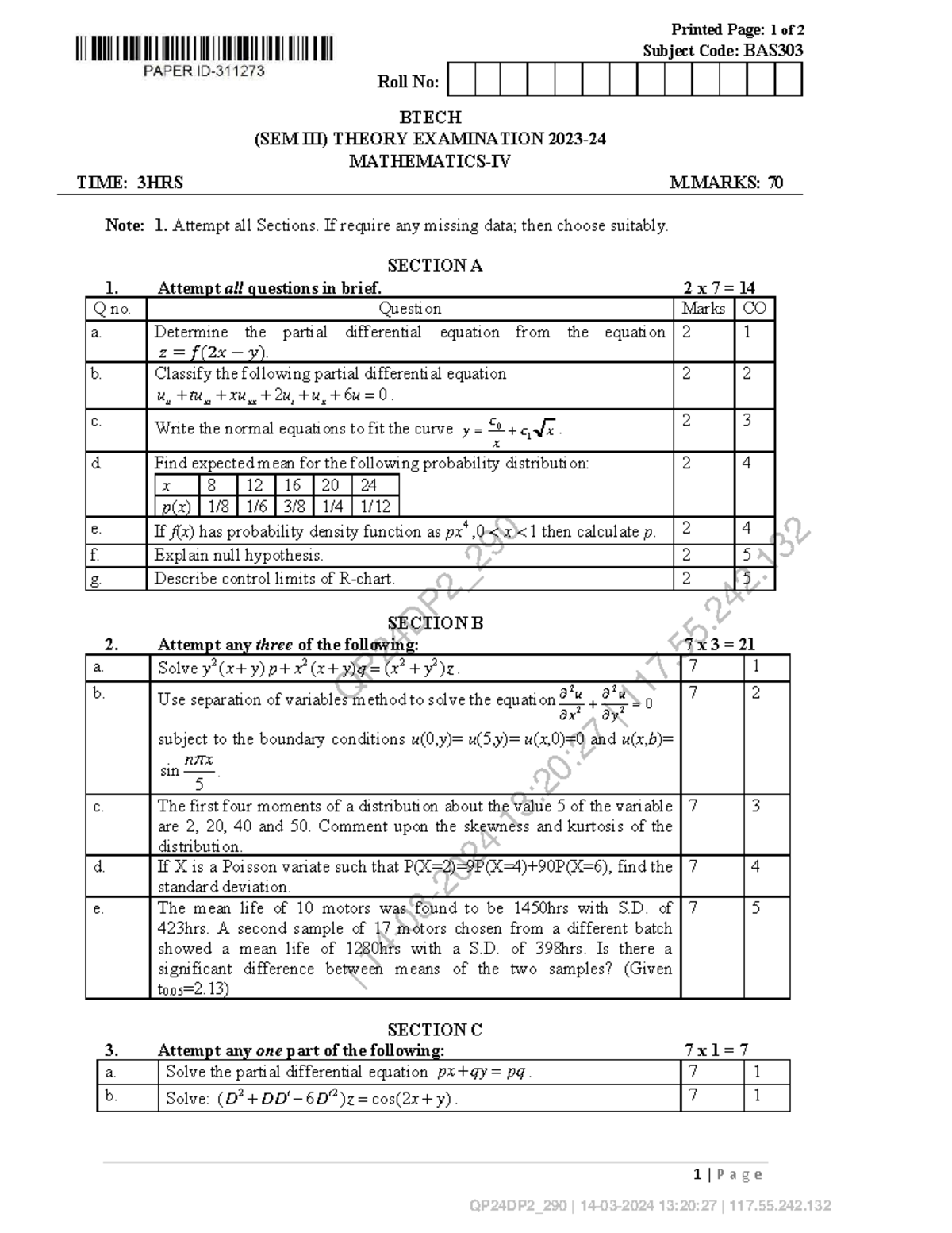 BTECH BAS303 Theory Exam: Probability, Statistics & PDEs Notes - Studocu