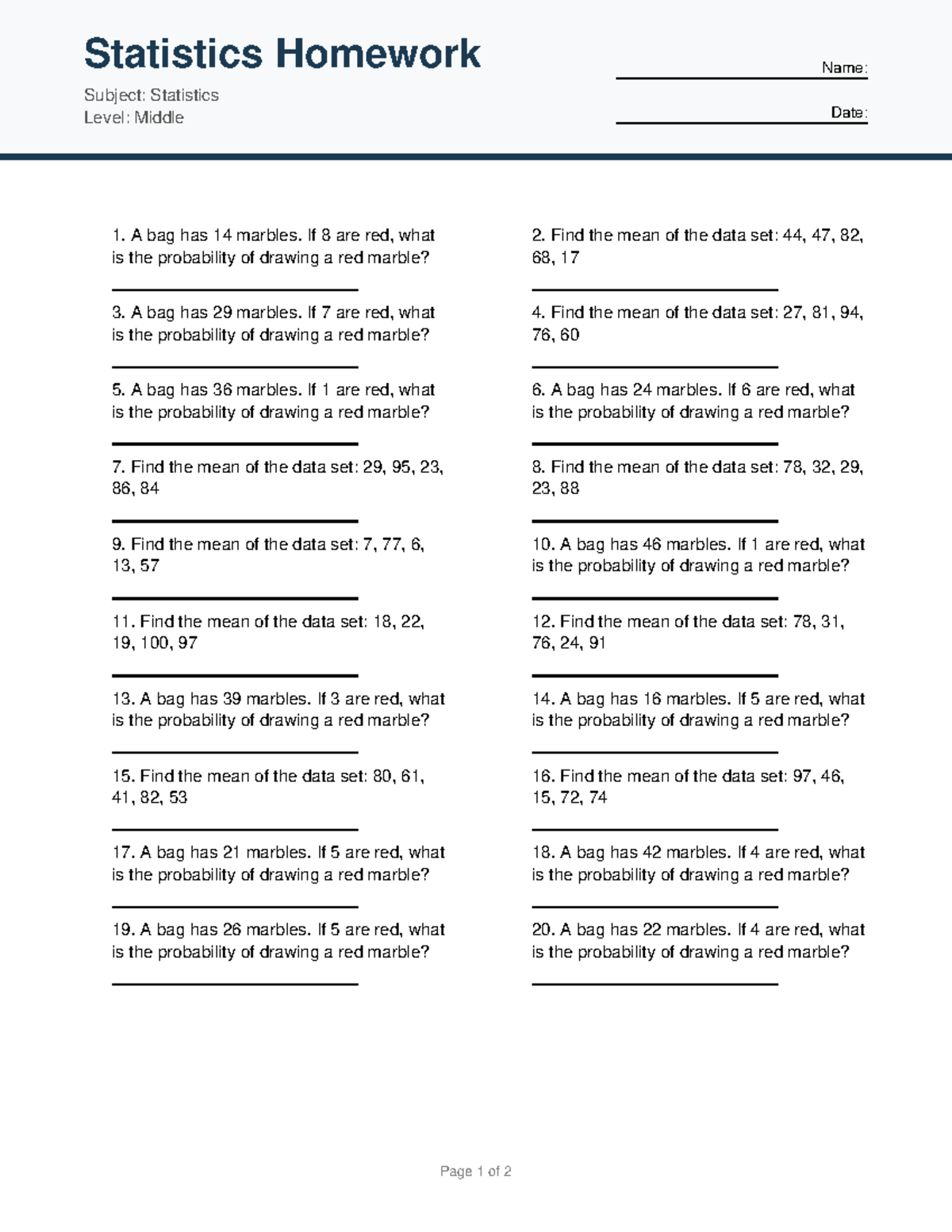 Statistics Homework 2: Probability & Mean Calculations - Studocu