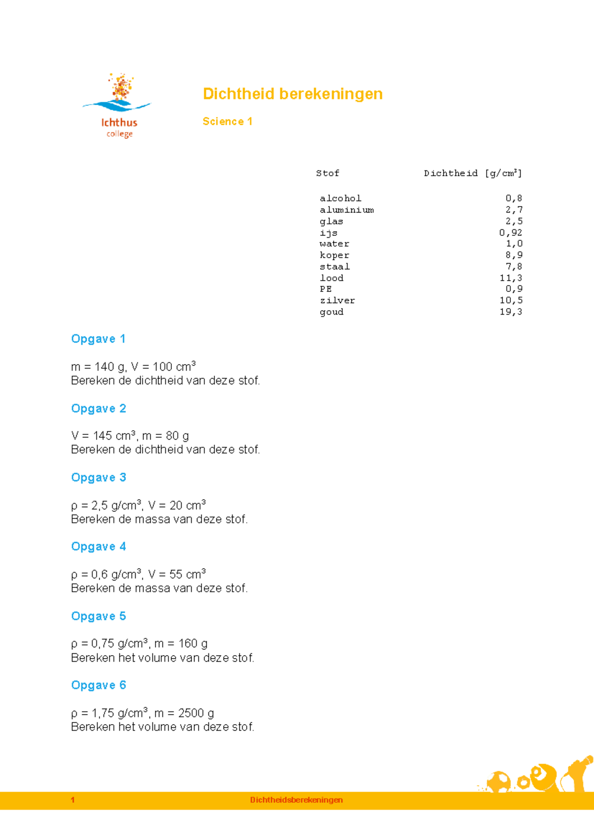 Thema 3 - Dichtheid Berekeningen (Science 1) - Opgaven en Voorbeelden ...