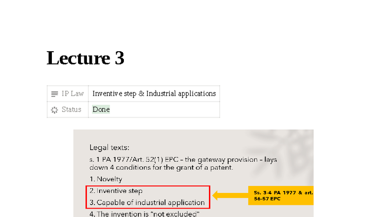 Lecture 3 - Lecture 3 IP Law Inventive step & Industrial applications ...