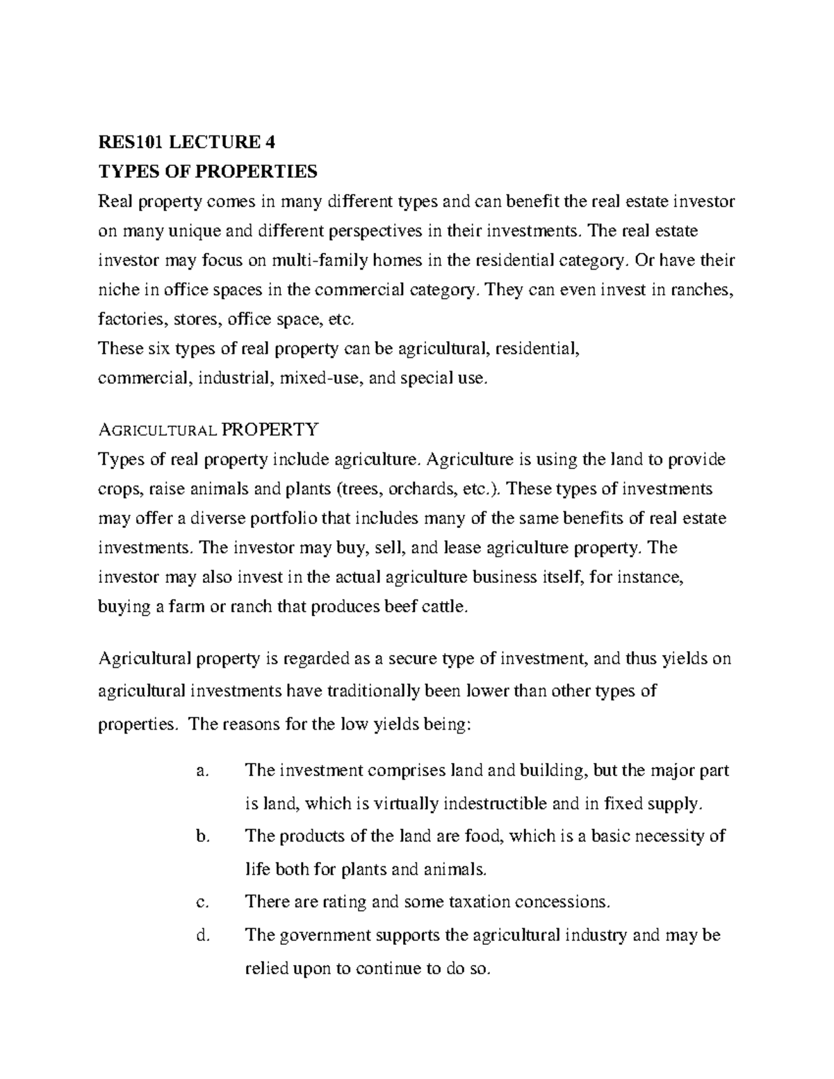 RES101 LECTURE 4: TYPES OF REAL PROPERTY & INVESTMENT INSIGHTS - Studocu