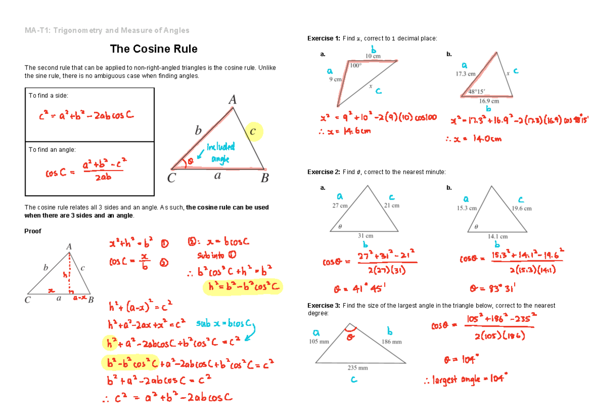 07 - Trigonometry: Cosine Rule & Area of Triangle Solutions - Studocu