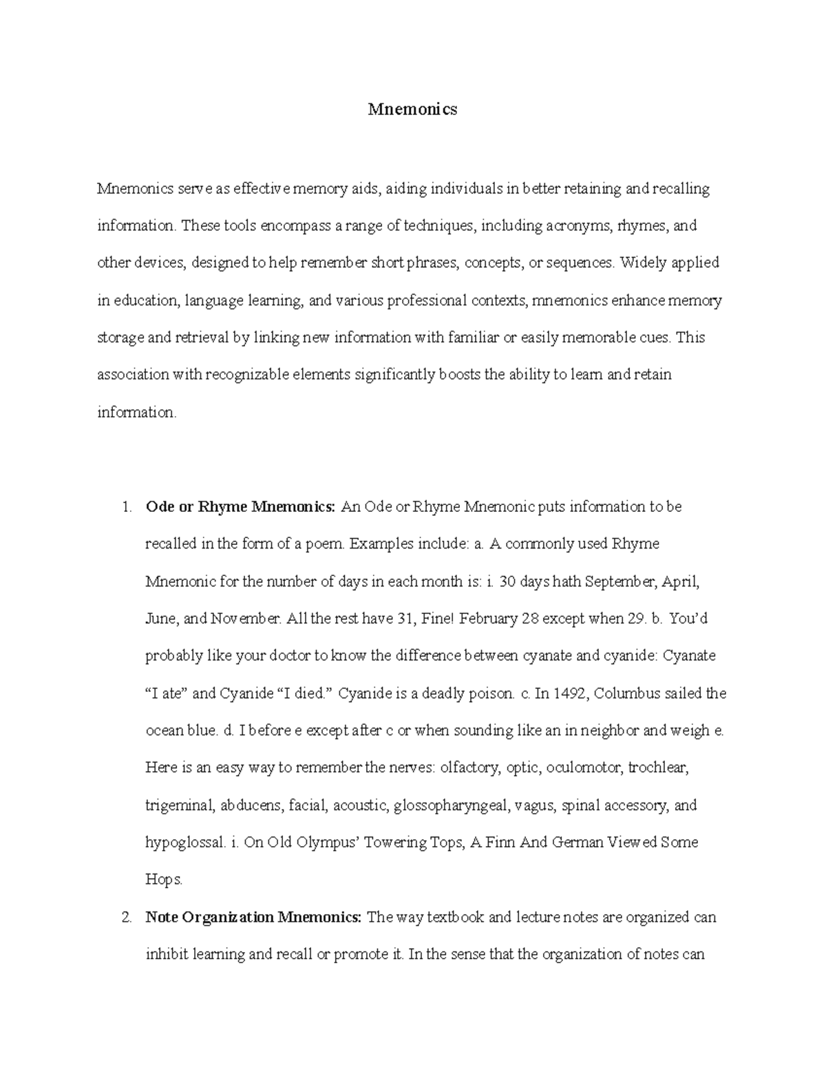 Mnemonics - Mnemonics Mnemonics serve as effective memory aids, aiding ...