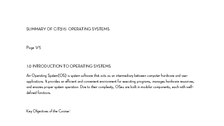 Summary of CIT315: Operating Systems Key Concepts and Applications ...