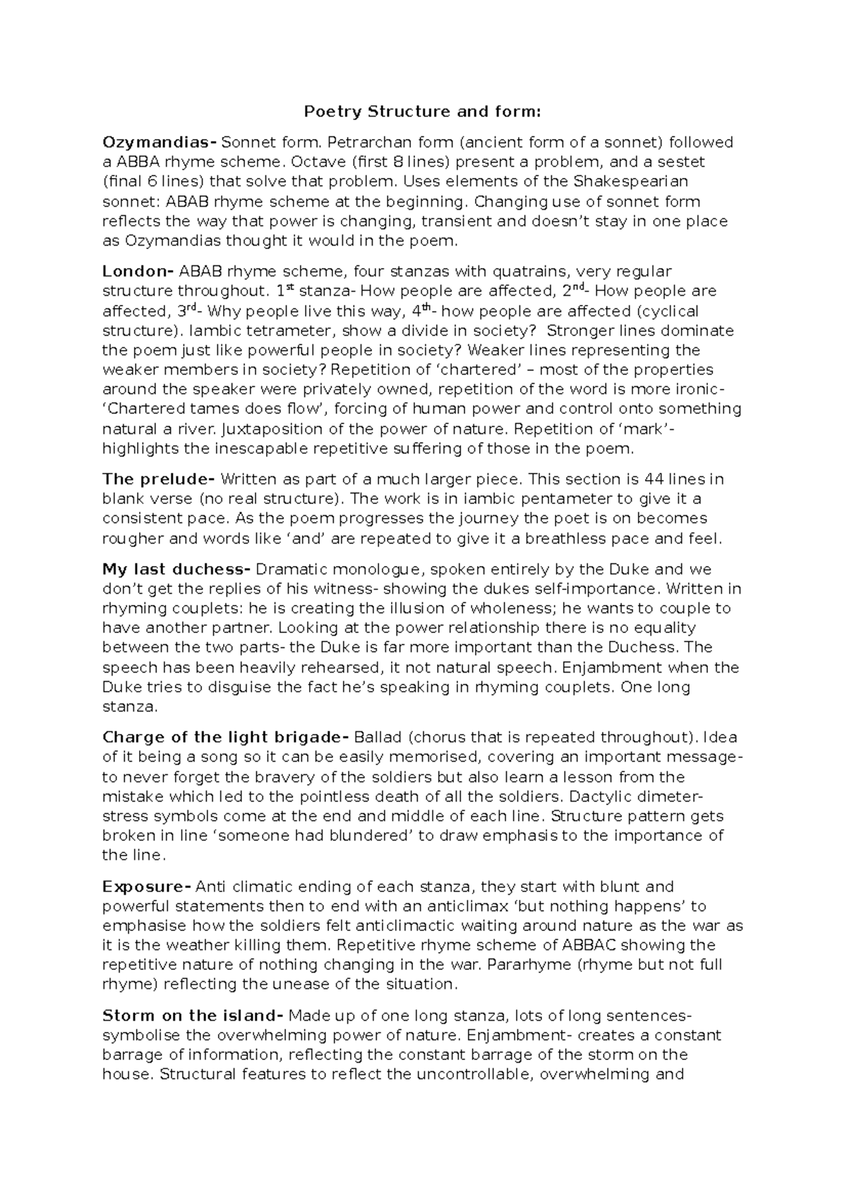 English Literature Poetry: Structure and Form Analysis - Studocu