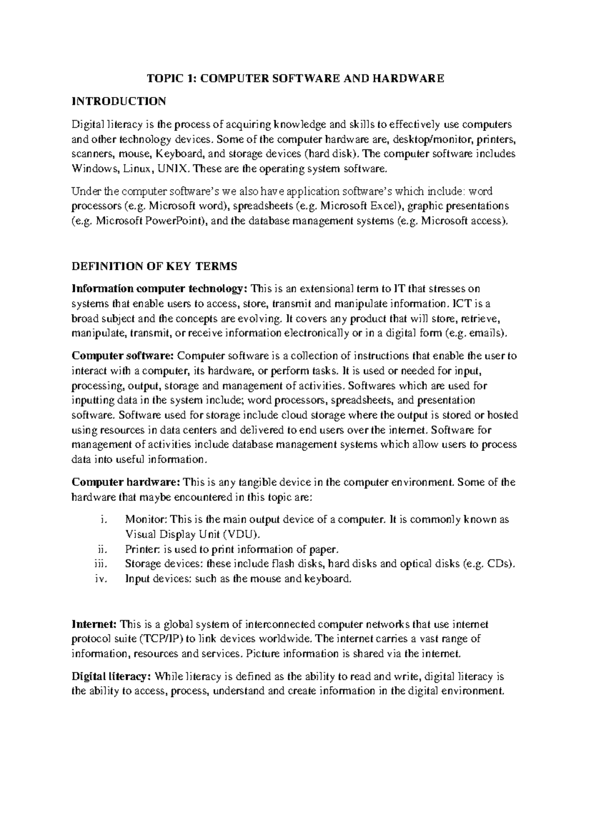 Digital Literacy Overview: Understanding Computer Hardware & Software - Studocu