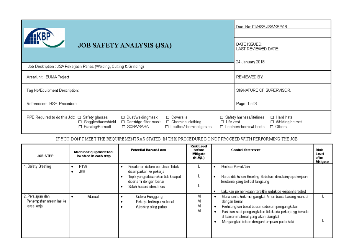 JSA 01/HSE-JSA/KBP: Pekerjaan Panas (Welding, Cutting, Grinding) - Studocu