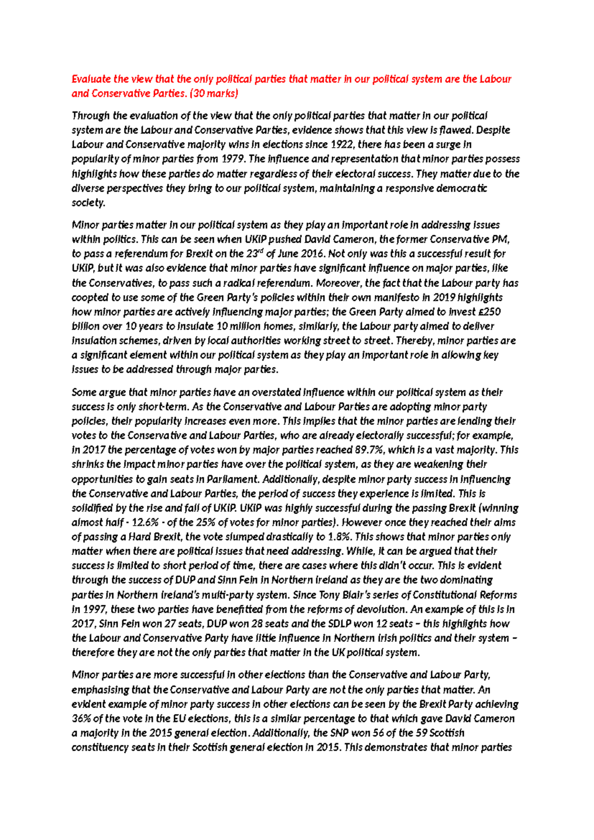 30 Mark Essay: Evaluating the Influence of Minor & Major UK Parties ...