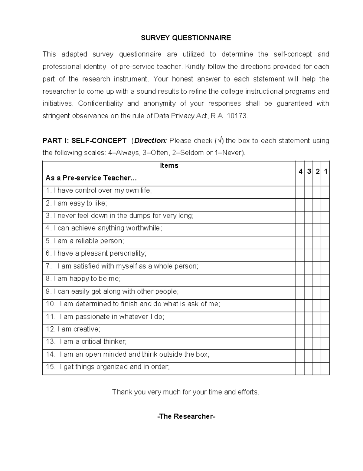 Survey Questionnaire for Pre-Service Teacher Identity and Self-Concept ...