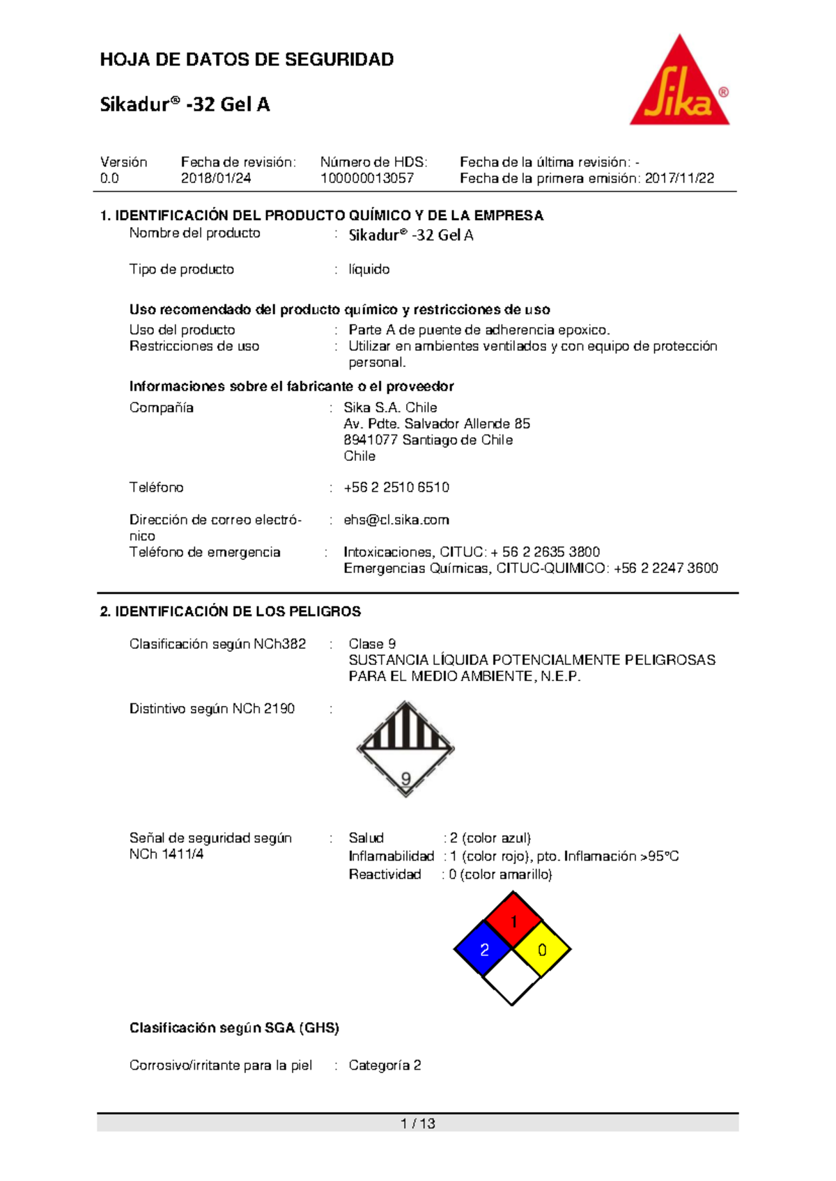 Hoja de Datos de Seguridad (HDS) Gel A - Sikadur-32 - Studocu