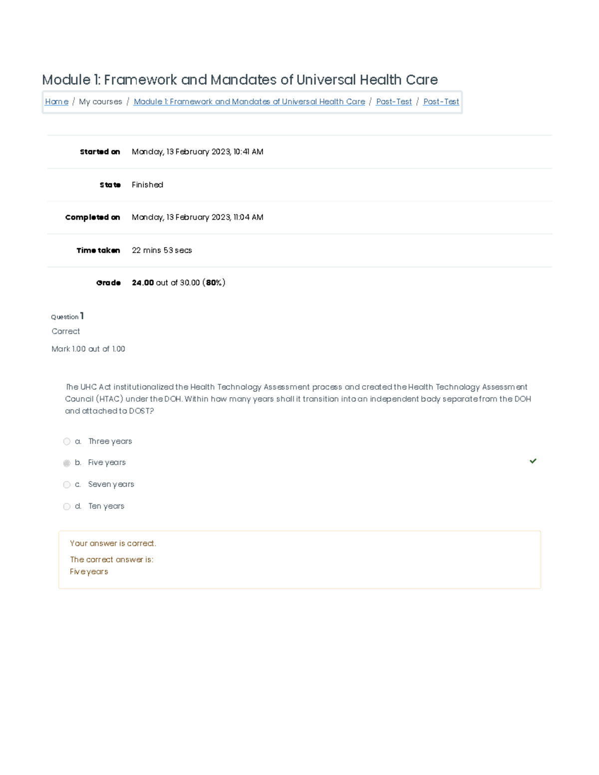 UHC MODULE - Module 1 Post-Test: Framework & Mandates Overview - Studocu