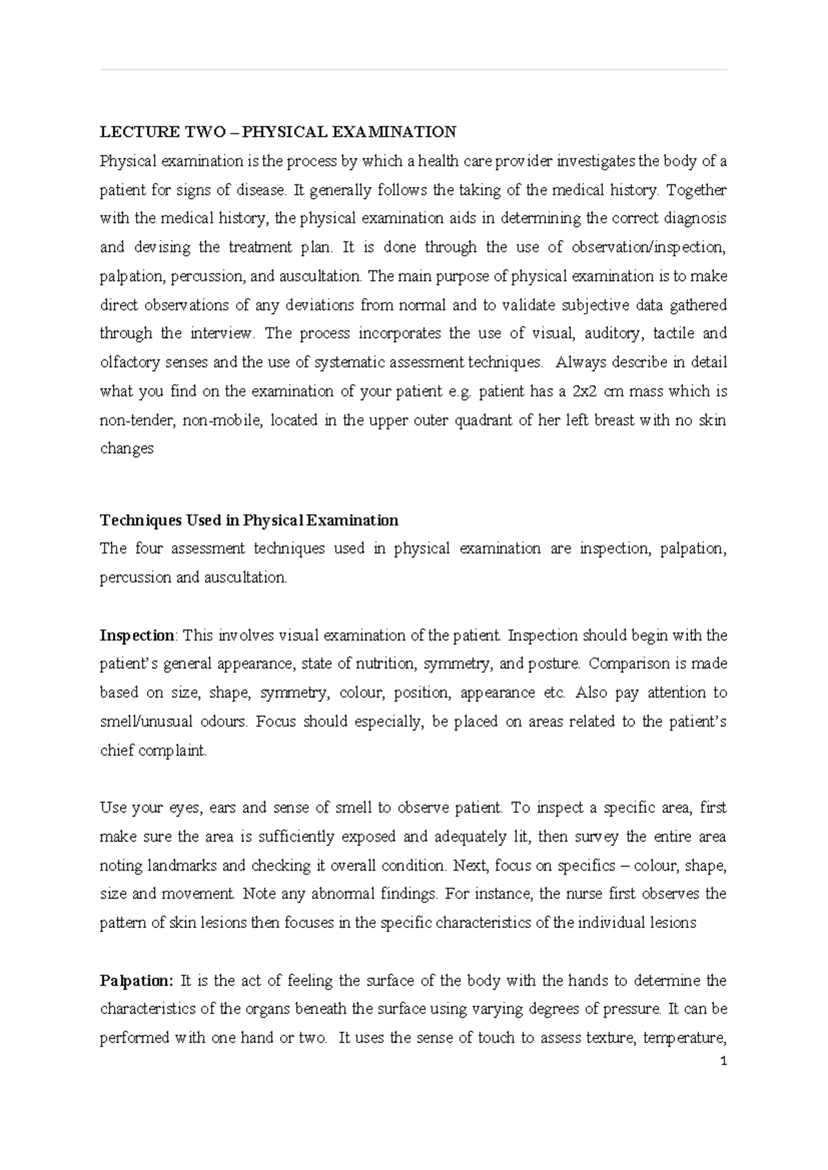 Lecture 2: Comprehensive Guide to Physical Examination Techniques - Studocu