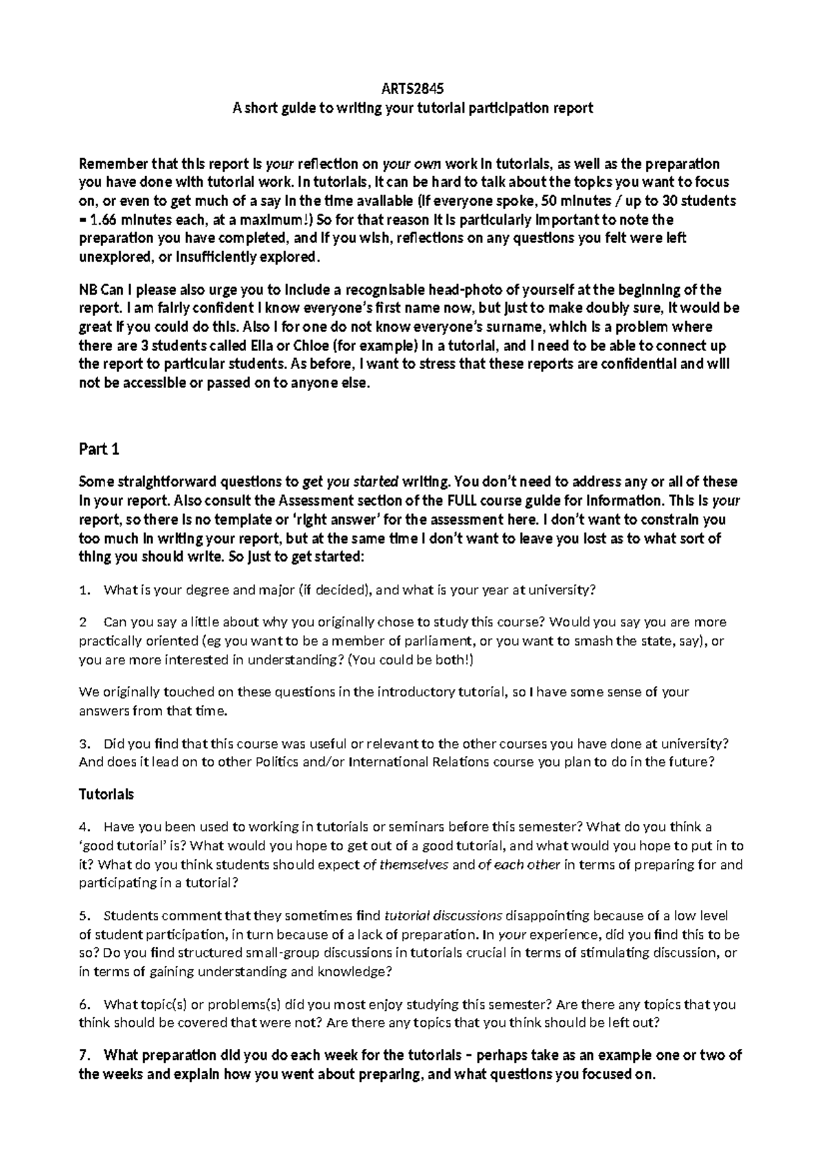 ARTS2845 2025 Guide to Writing Your Tutorial Participation Report - Studocu